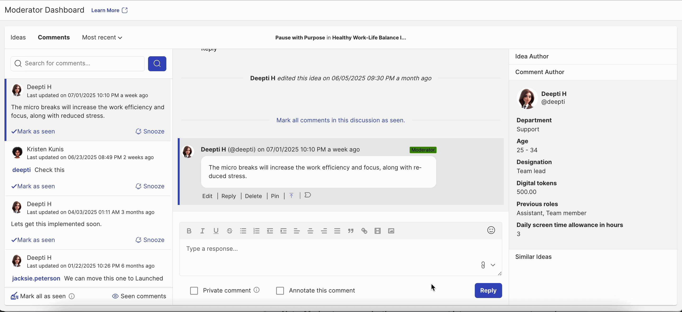 Functions of Comment in Moderator Dashboard (Incoming Moderation)