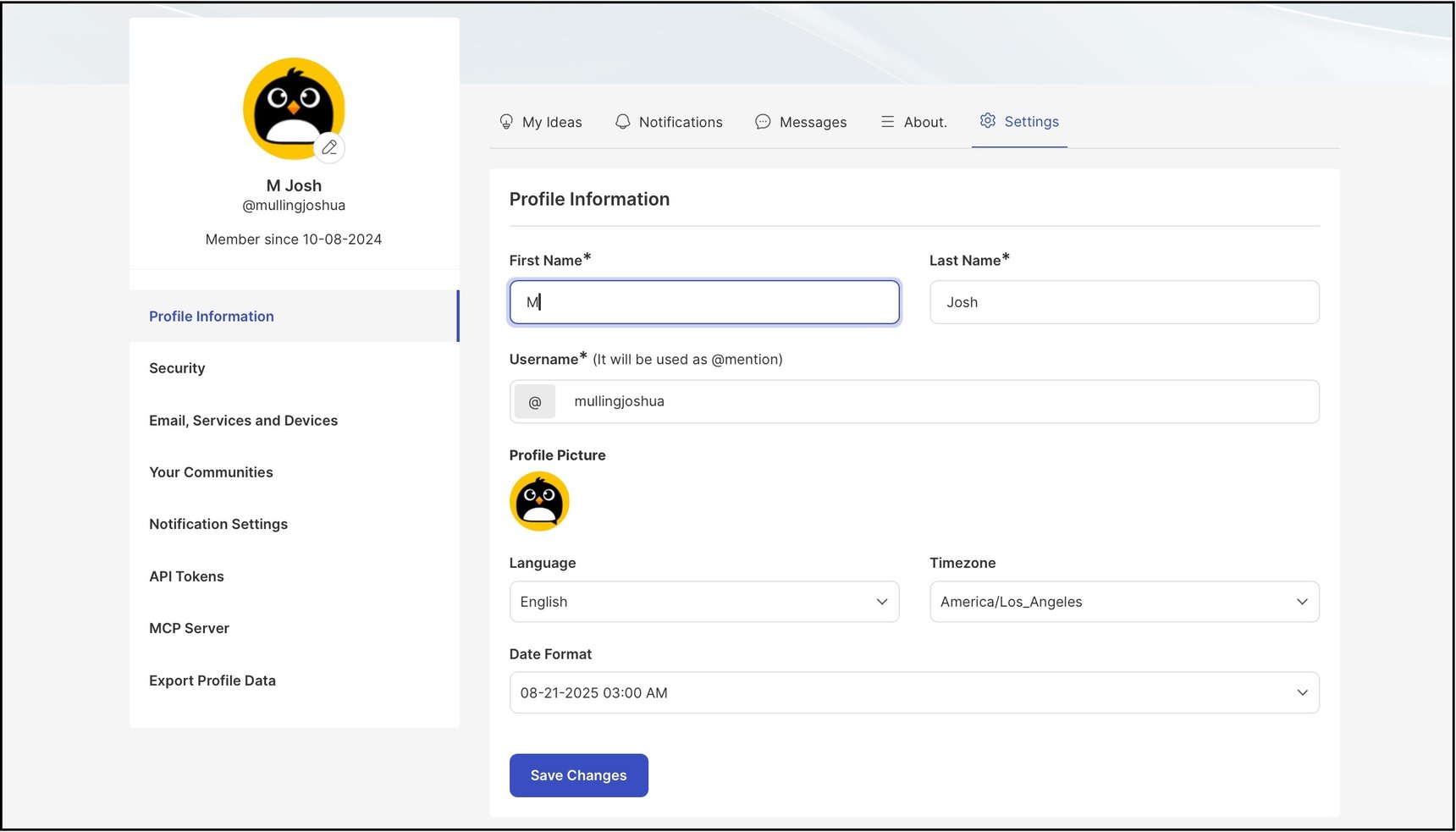 Profile - Settings section